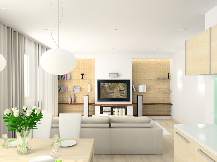 Spectacular living space with framed mirror tv